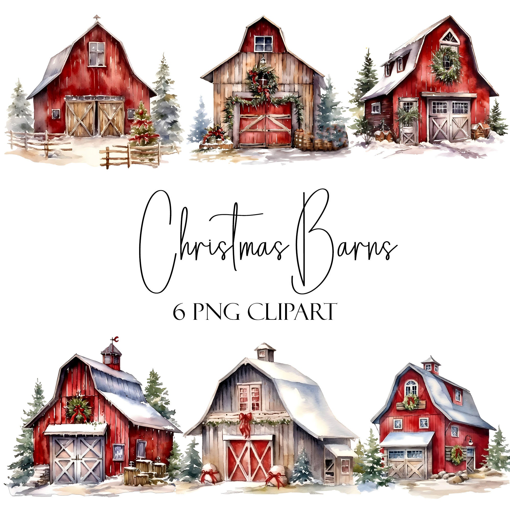 Christmas Barn Clipart, Watercolor Elements, PNG Format, Instant ...