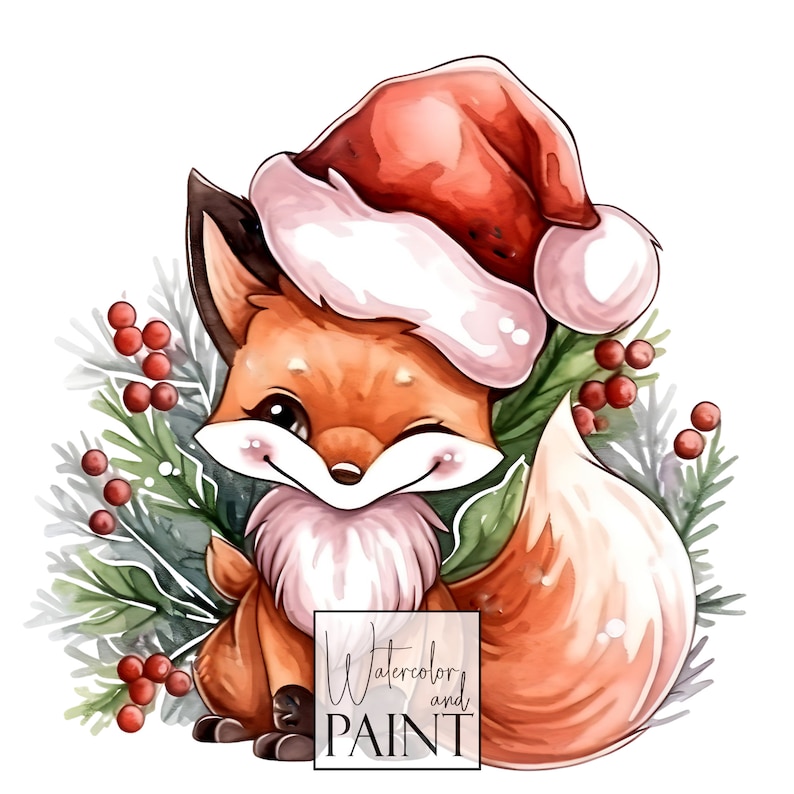 Cute Christmas Fox, Watercolor Clipart, PNG Format, Instant Download ...
