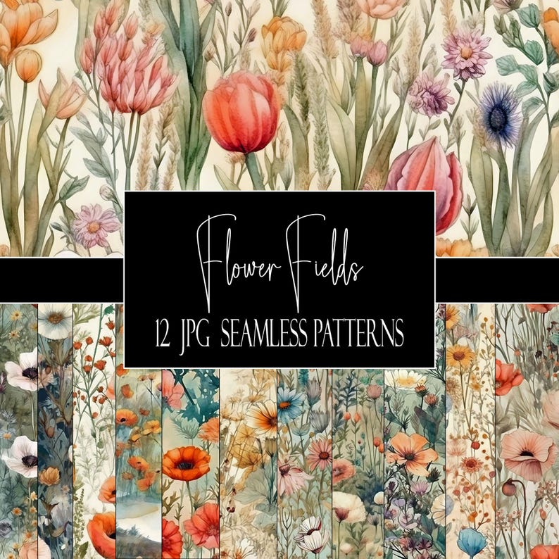 Flower Fields, Seamless Patterns, 12 Watercolor Jpgs, Instant Download ...