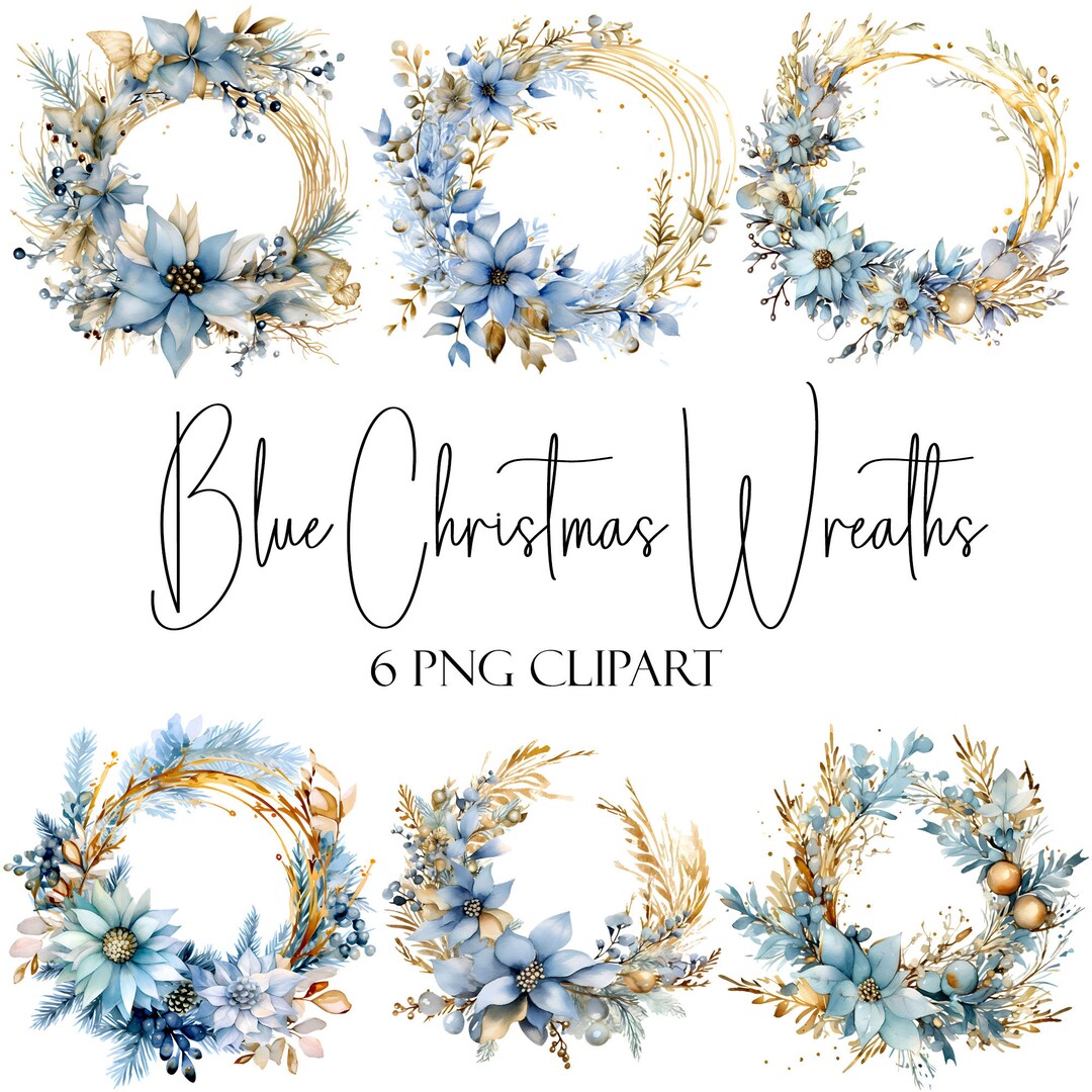 Blue Christmas Wreaths, Watercolor Clipart, PNG Format, Instant ...