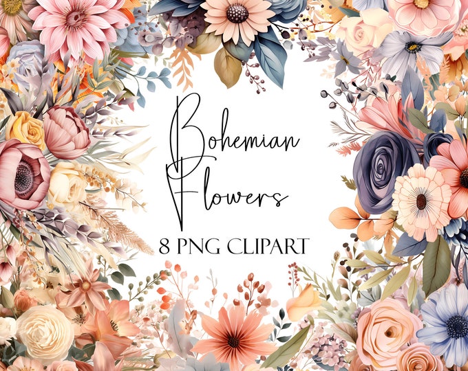 Bohemian Flowers, Floral Clipart, Watercolor Elements, PNG Format ...