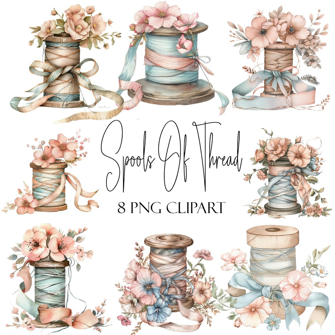 Watercolor Spool of Thread Clipart: Sewing Graphics, 8 Pngs (digital ...