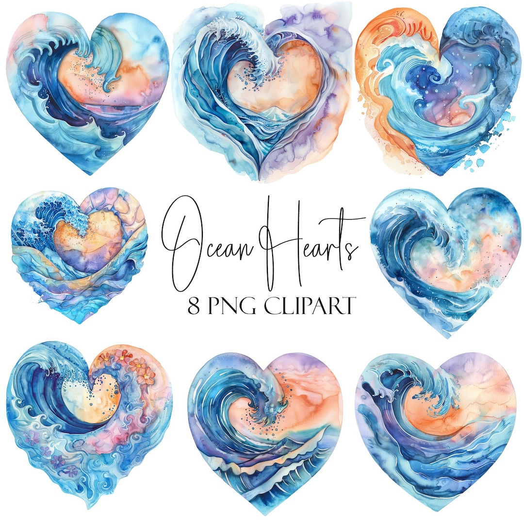 Ocean Hearts Clipart, Valentine Elements, 8 Pngs, Instant Download ...