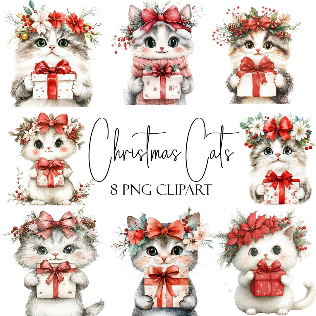 Christmas Cats, Watercolor Clipart, Holiday Elements, 8 Pngs, Instant ...