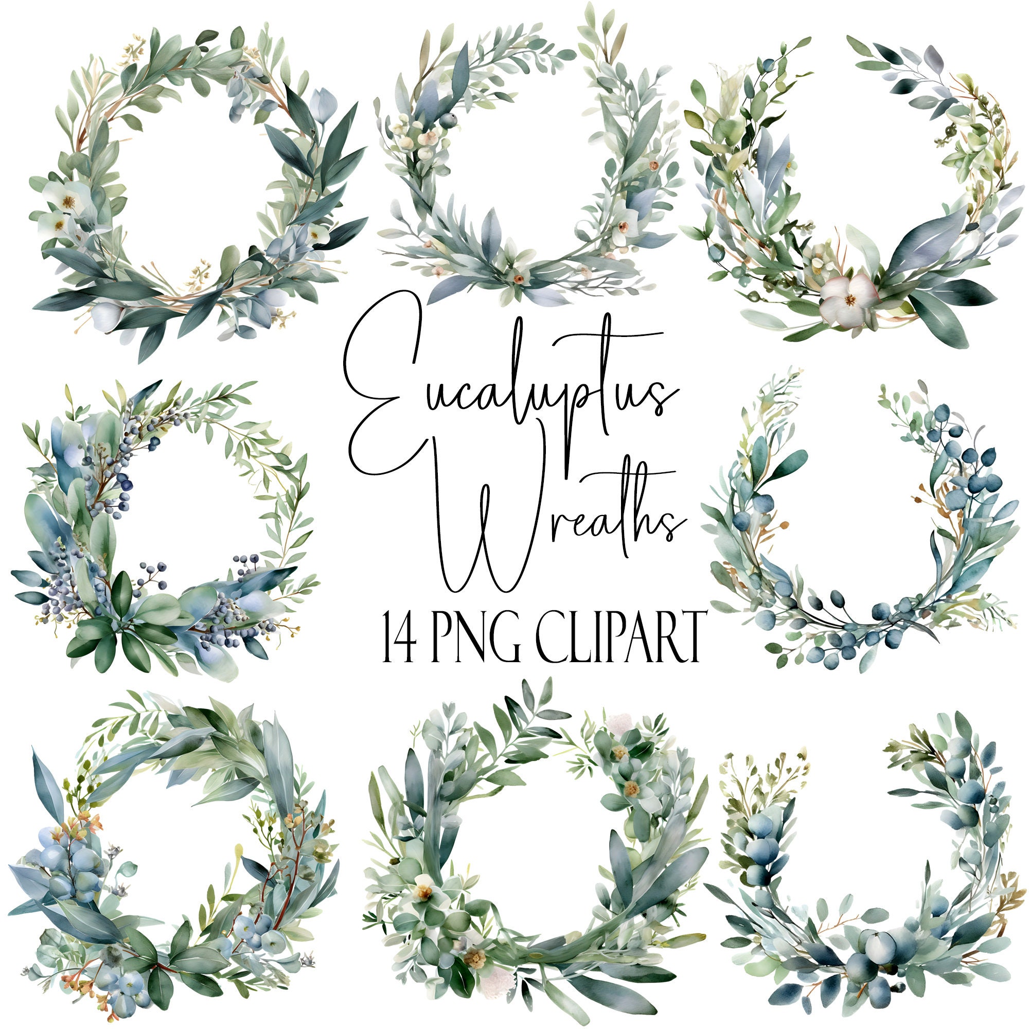 Eucalyptus Wreath Clipart, Watercolor Leaves, Instant Download ...