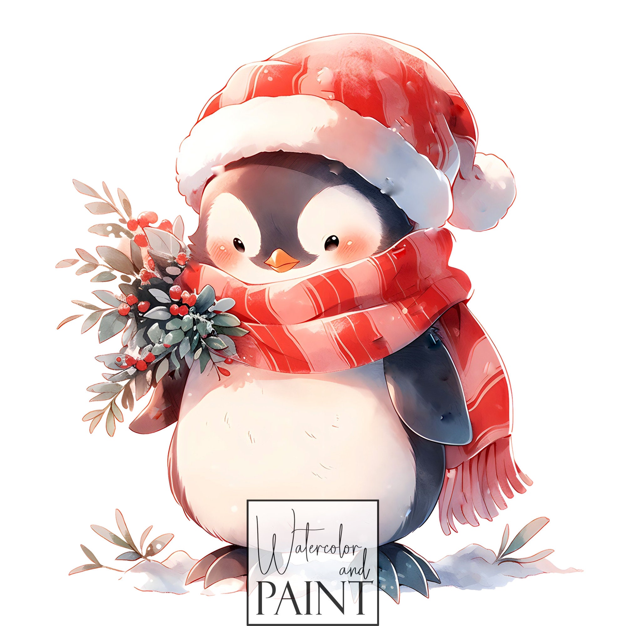 Christmas Penguin, Watercolor Clipart, PNG Format, Instant Download ...