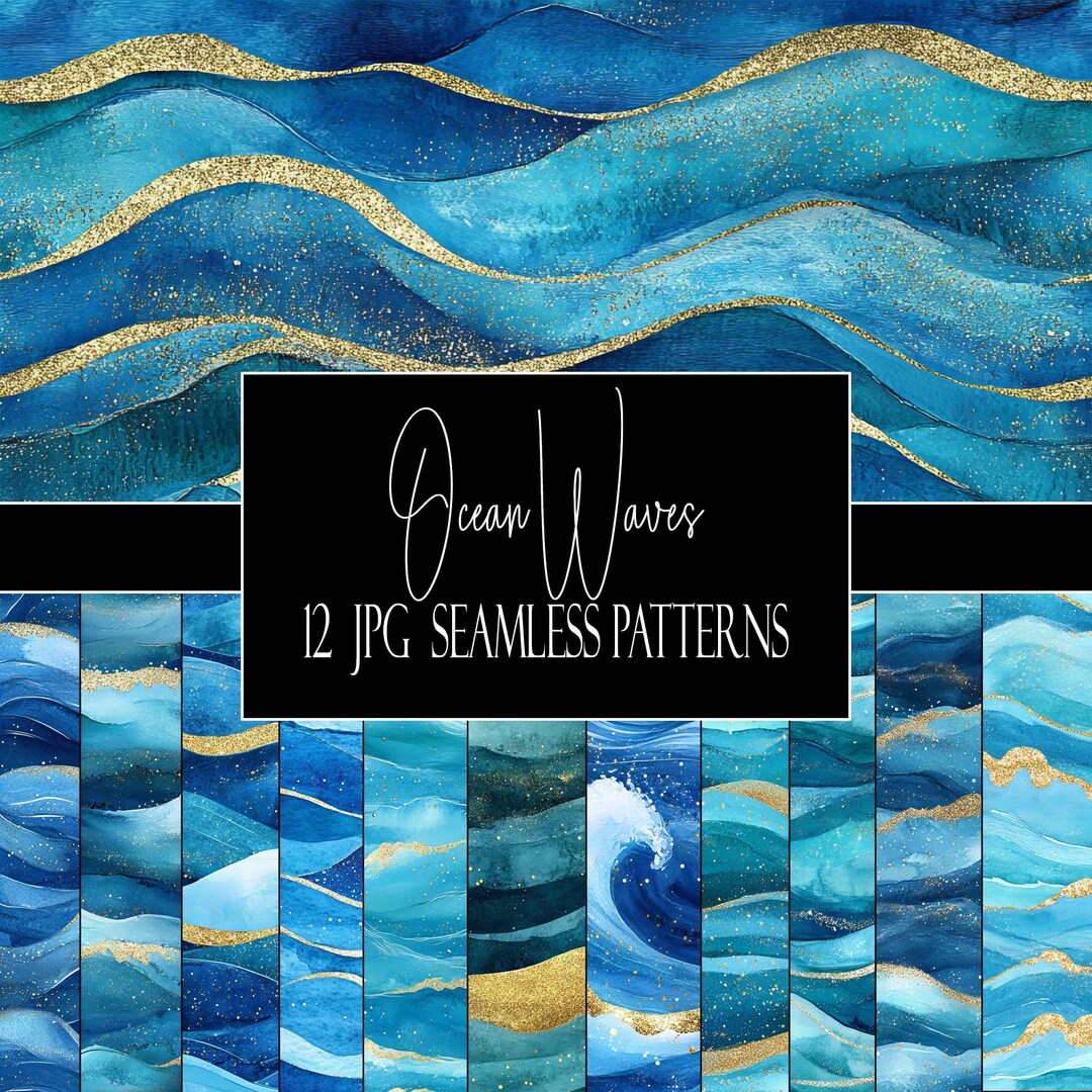 Ocean Wave Seamless Patterns, 12 JPG Digital Papers, Instant Download ...