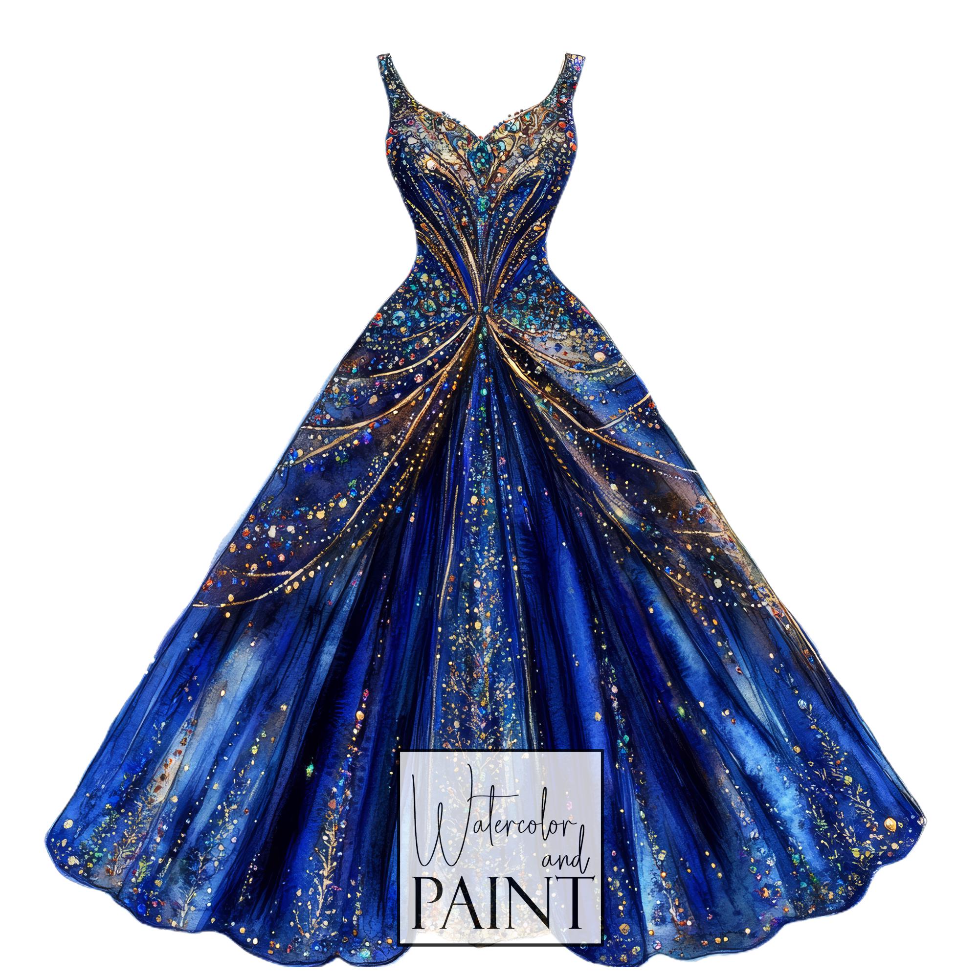 Watercolor Royal Blue Gown Clipart Set: Fashion Dress Graphics (8 Pngs ...