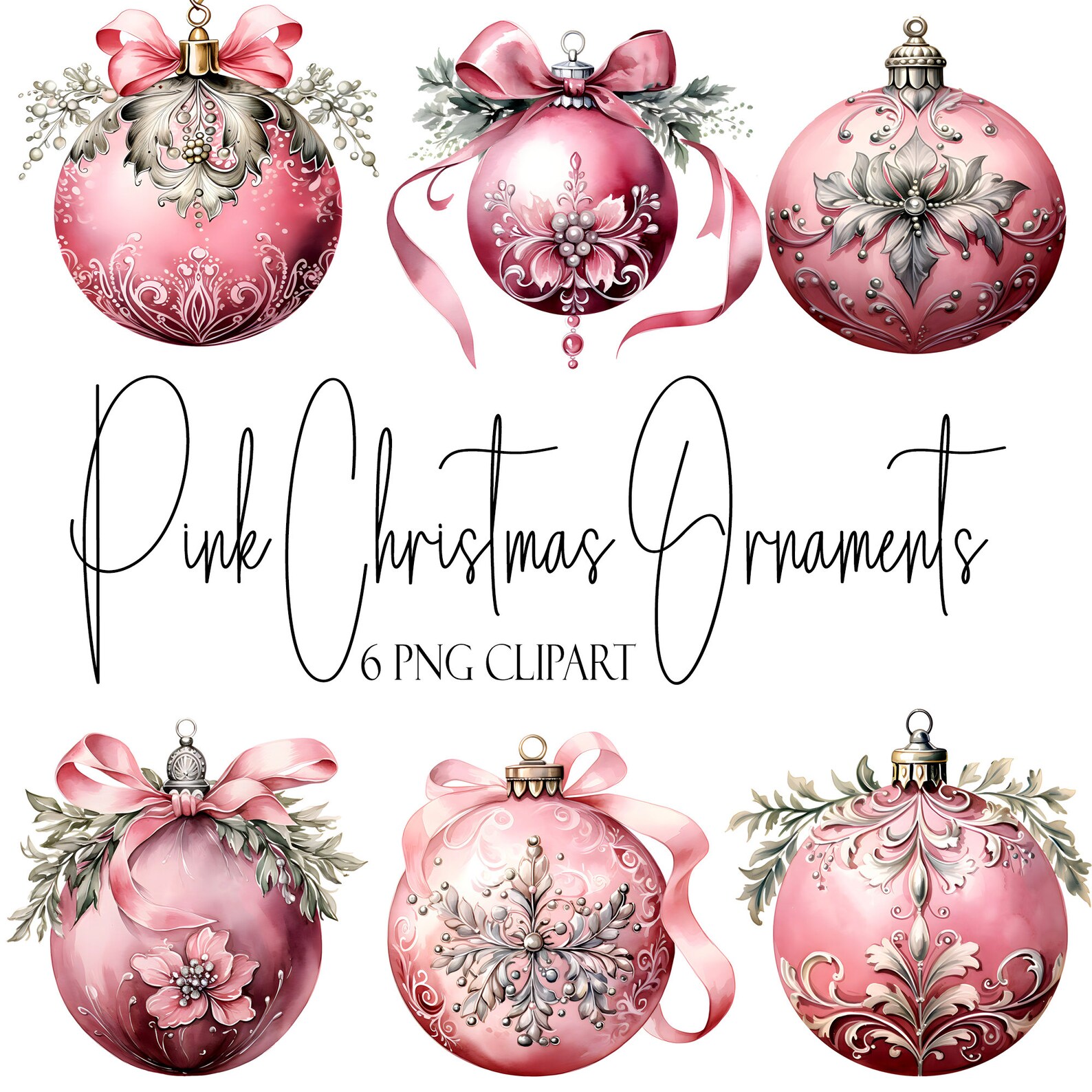 Pink Christmas Ornaments, Xmas Clipart, PNG Format, Instant Download ...