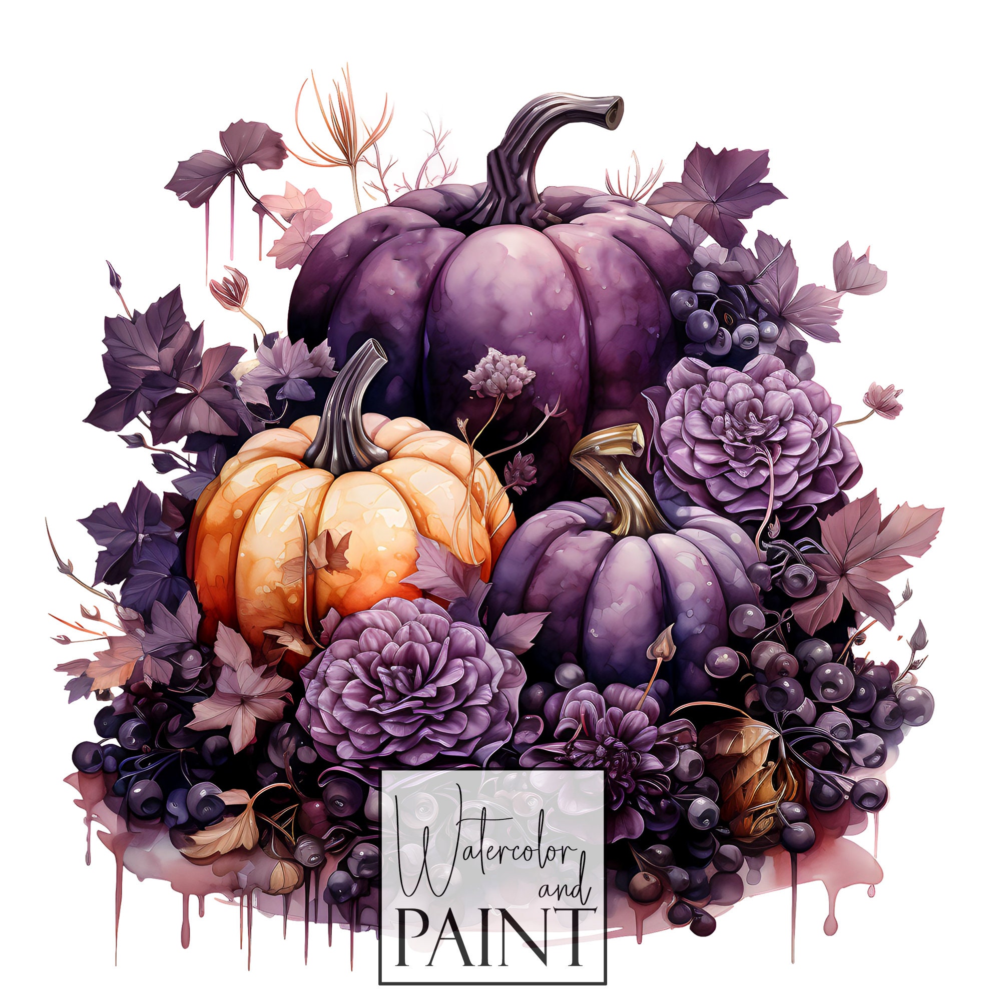 Purple Pumpkins, Fall Clipart, Watercolor Elements, Instant Download ...