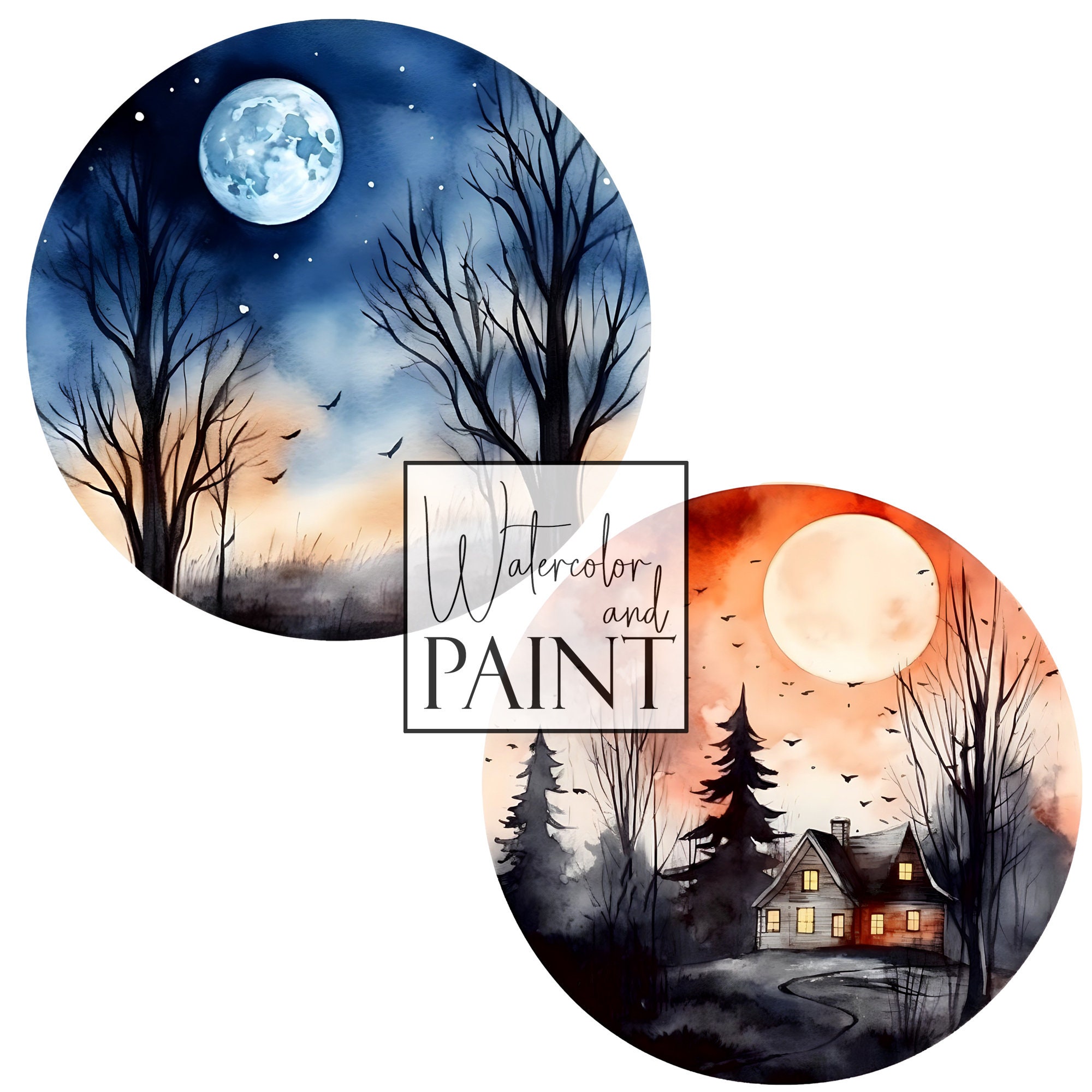 Halloween Full Moon Clipart, Watercolor Elements, PNG Format, Instant Download, POD Use ...