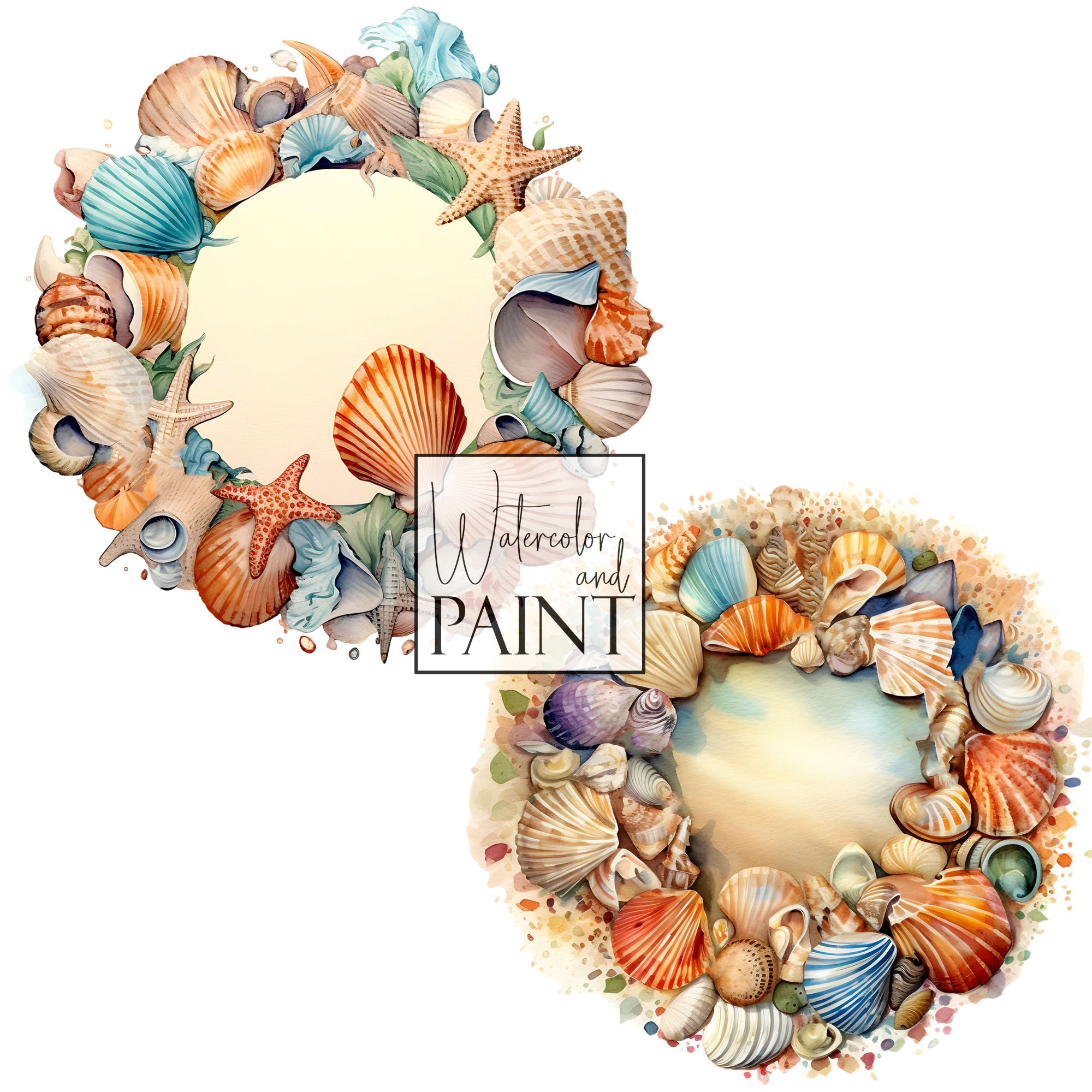 Seashell Circles, Watercolor Clipart, Beach Elements, 14 Pngs, Instant ...