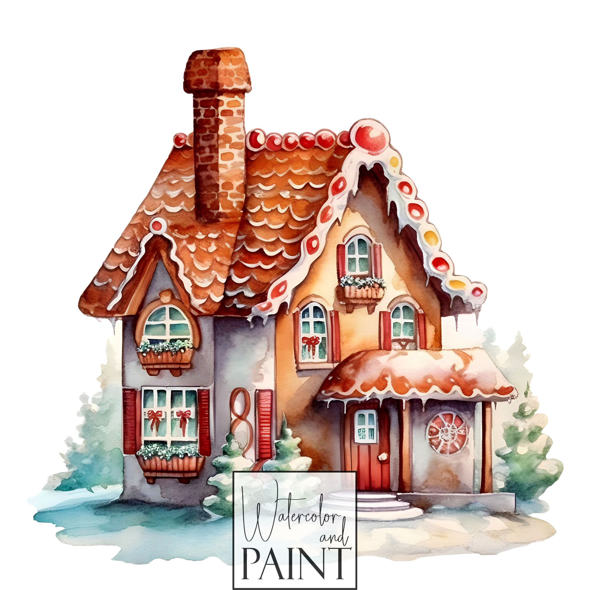 Christmas Gingerbread Houses, Watercolor Elements, PNG Format, Instant ...
