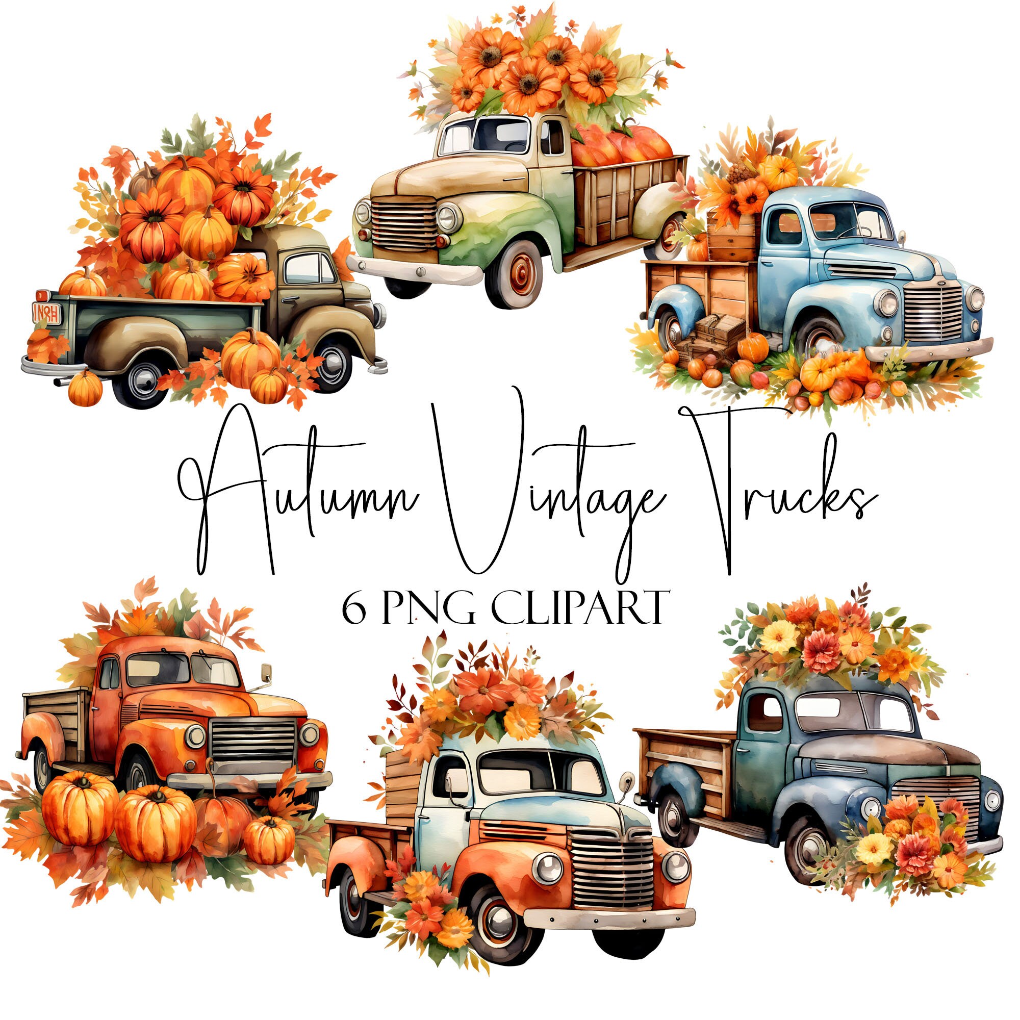 Autumn Vintage Truck Clipart, Fall Watercolor Elements, PNG Format, POD ...