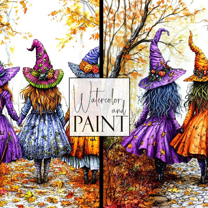 Whimsical Witches Digital Paper: Halloween Scrapbook Backgrounds (12 ...