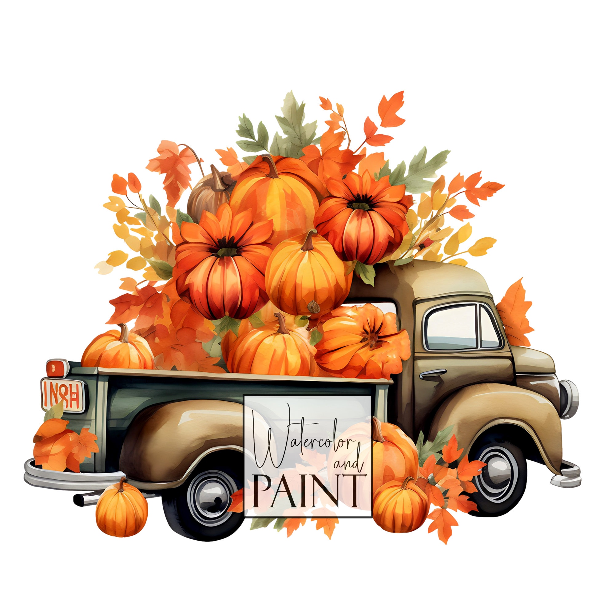 Autumn Vintage Truck Clipart, Fall Watercolor Elements, PNG Format, POD ...