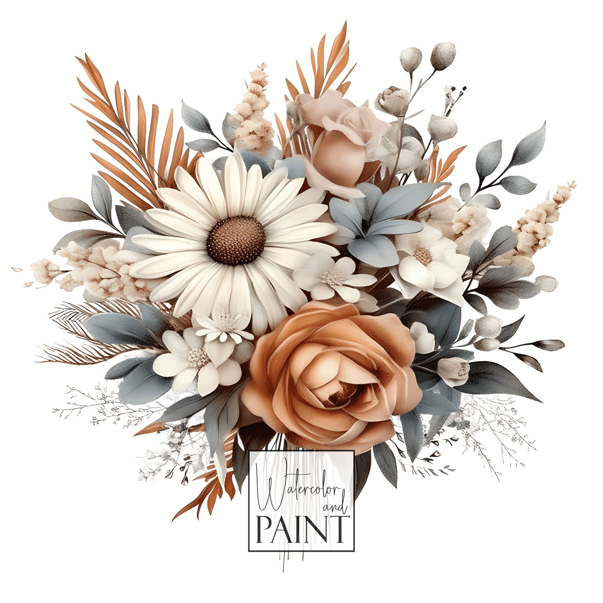 Boho Neutral Floral Clipart, Watercolor Elements, PNG Format, Instant ...