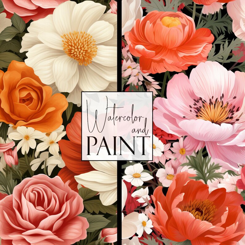 Pink and Orange English Garden Seamless Patterns, 12 JPG Papers ...