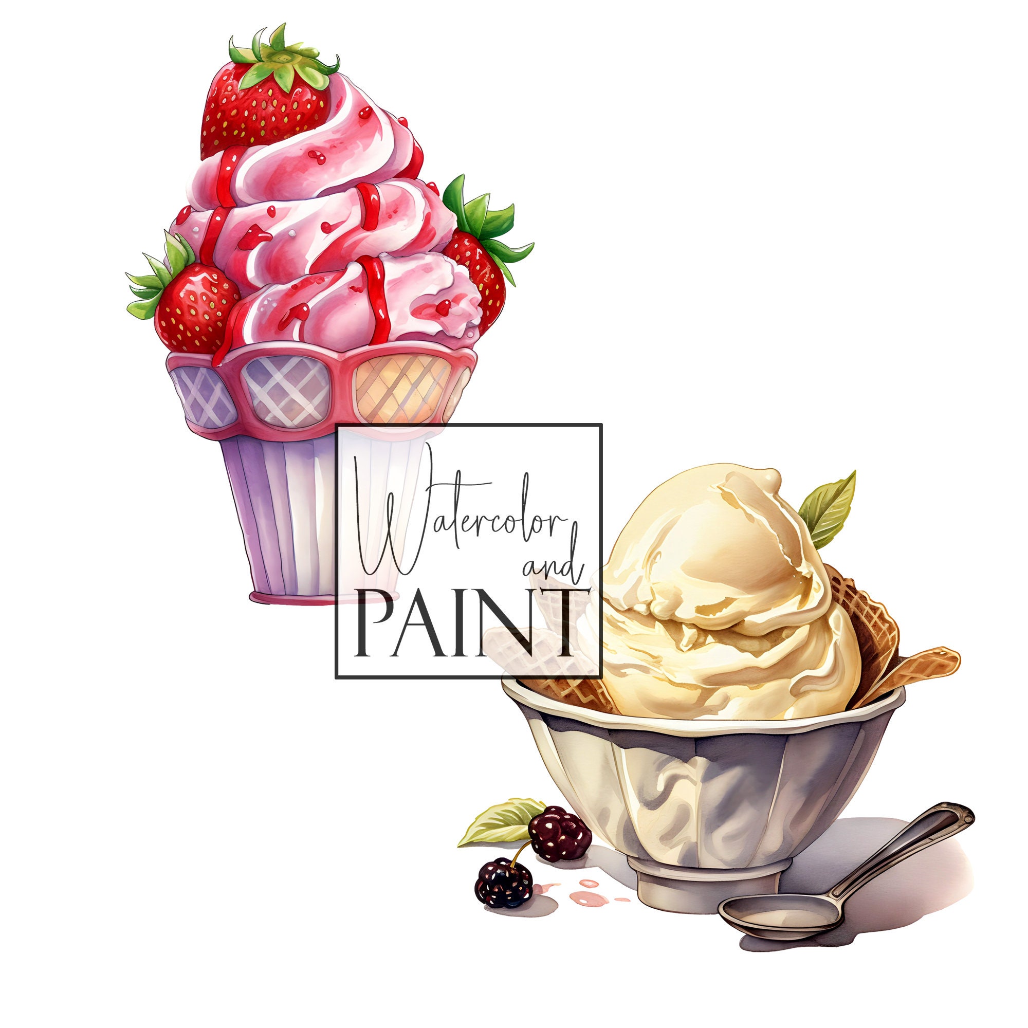 Ice Cream Clipart, Sundae Elements, Watercolor Graphics, PNG Format ...