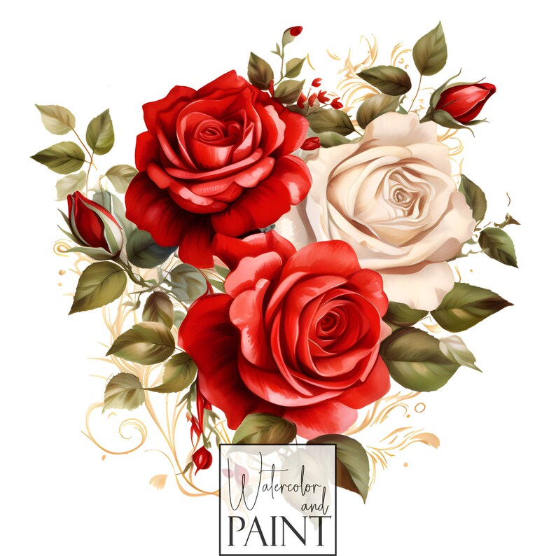 Full Bloom Red Roses, Watercolor Clipart, PNG Format, Instant Download ...