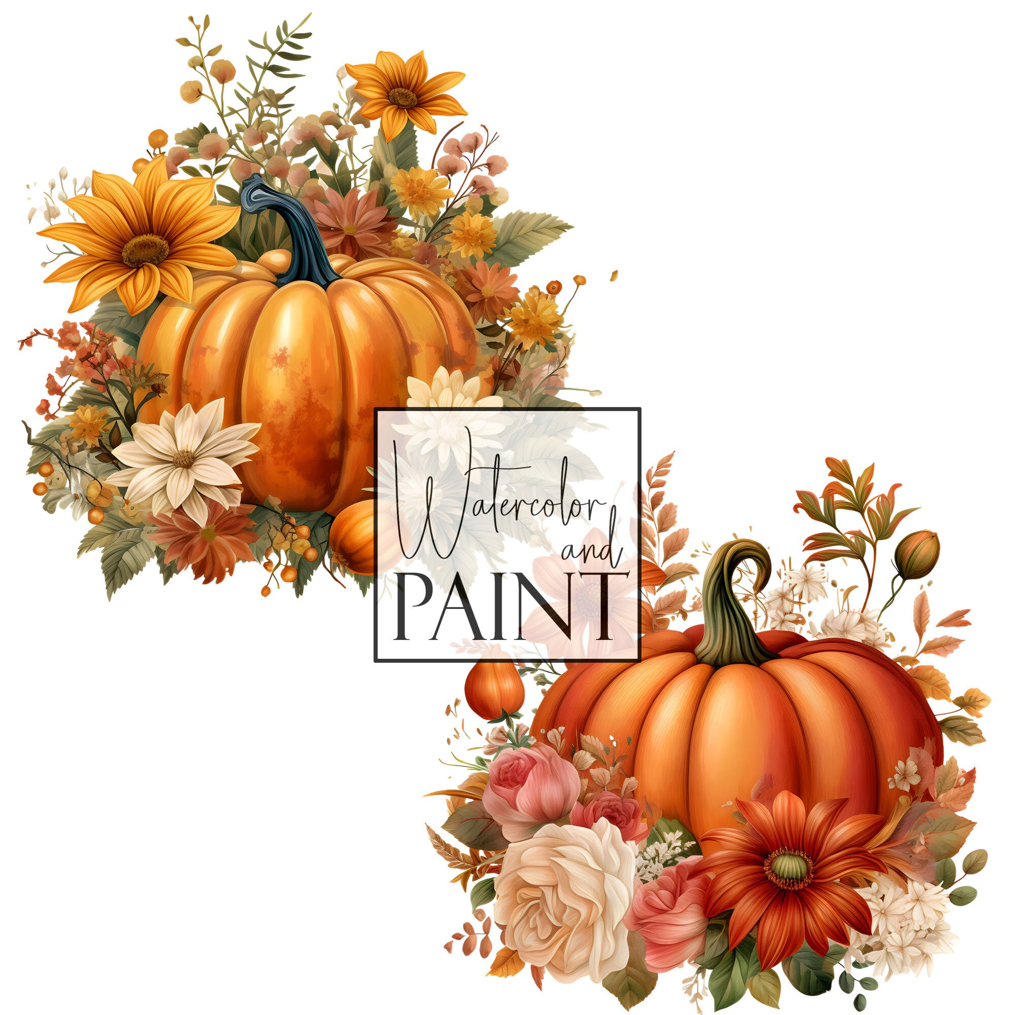 Floral Pumpkin Clipart, Watercolor Fall Elements, PNG Format, Instant ...