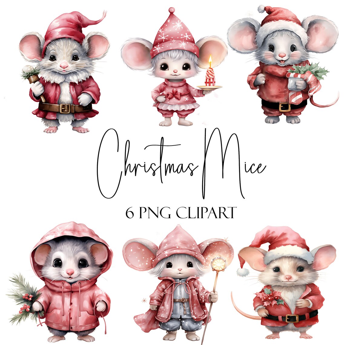 Christmas Mice, Watercolor Clipart, PNG Format, Instant Download ...