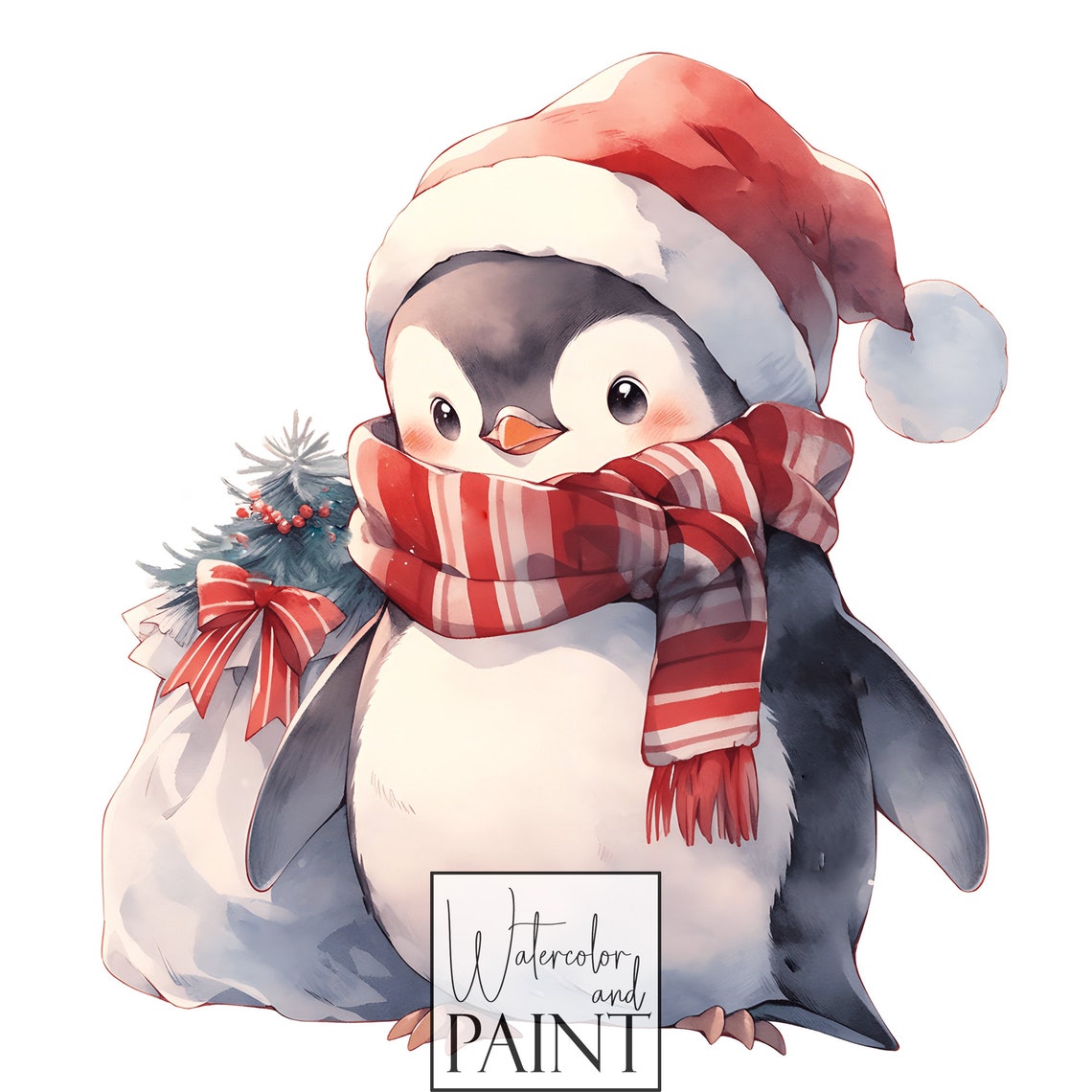 Christmas Penguin, Watercolor Clipart, PNG Format, Instant Download ...