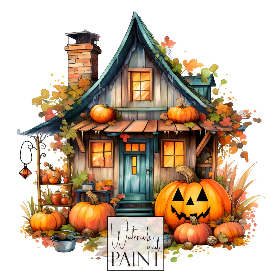 Cute Pumpkin House Clipart, Watercolor Fall Elements, PNG Format, POD ...