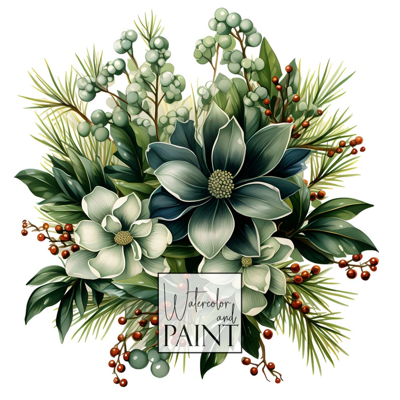 Christmas Floral, Greenery Clipart, PNG Format, Instant Download ...