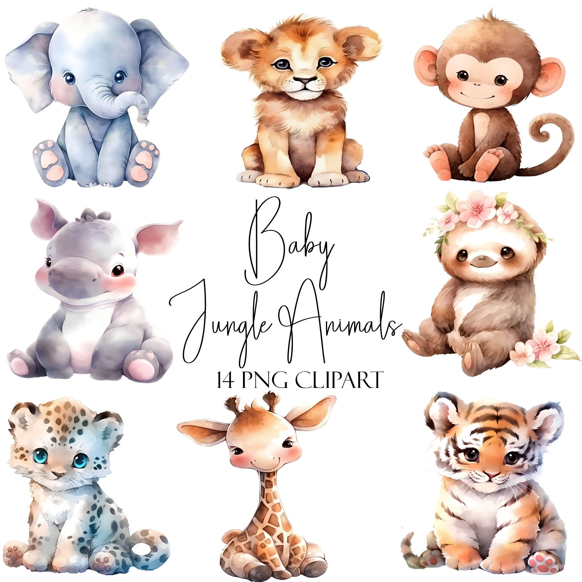 Baby Jungle Animal Clipart, Watercolor Elements, PNG Format, Instant ...