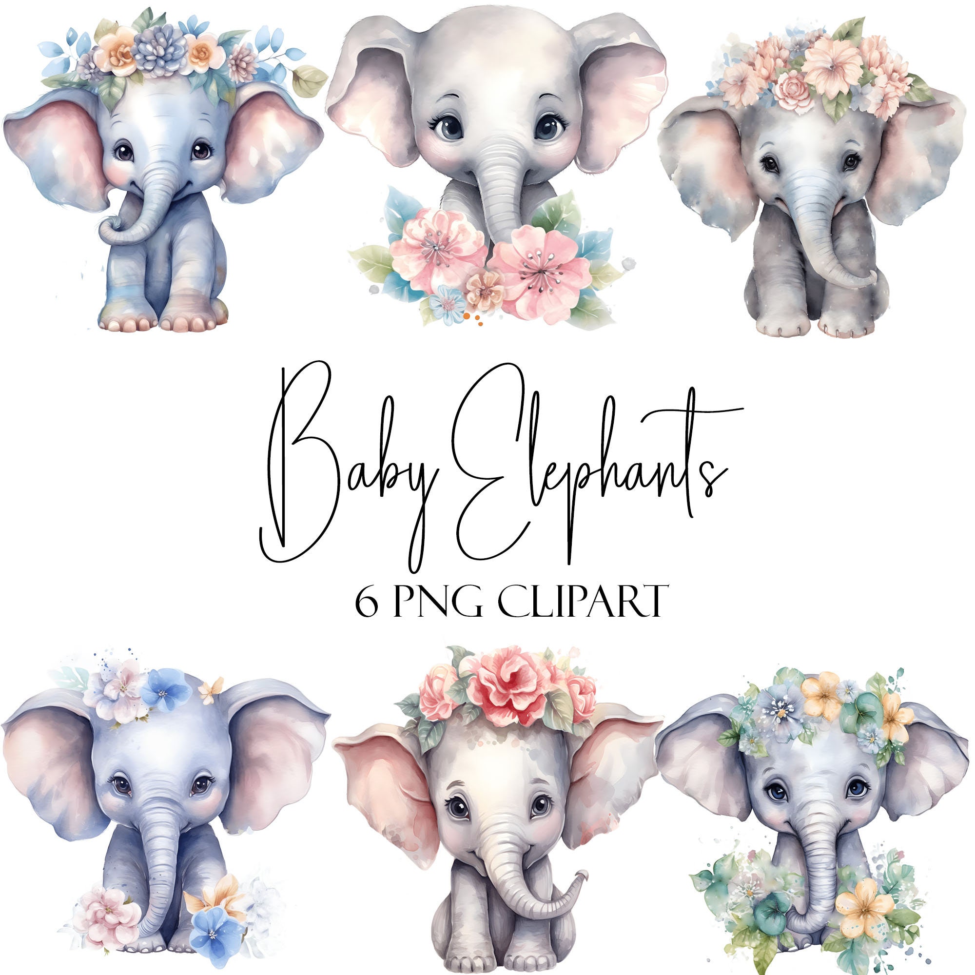 Baby Elephants, Watercolor Clipart, PNG Format, Instant Download ...