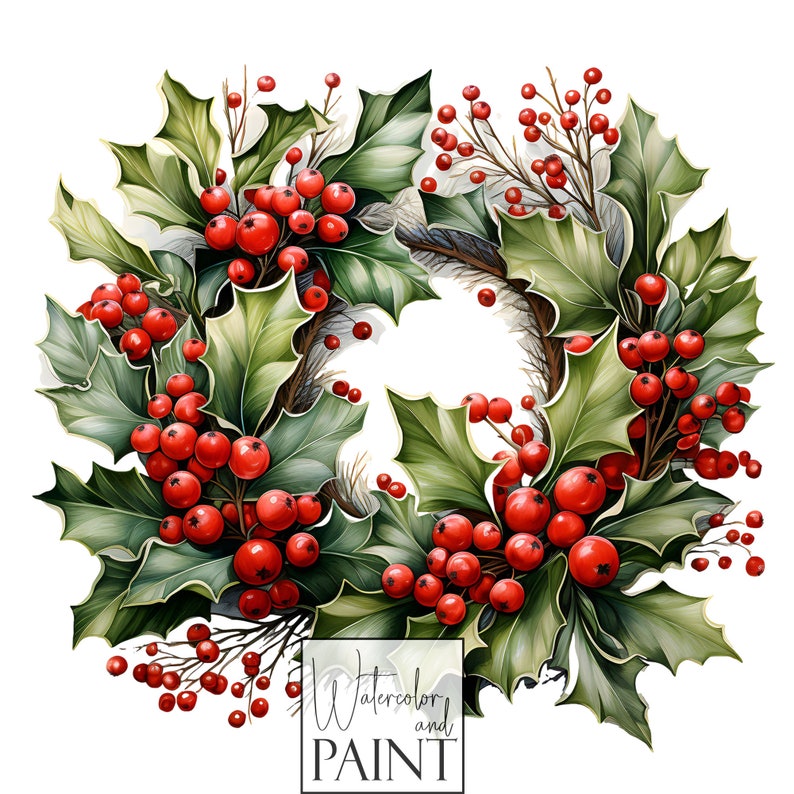 Pretty Holly Berry Wreaths, Watercolor Clipart, PNG Format, Instant ...