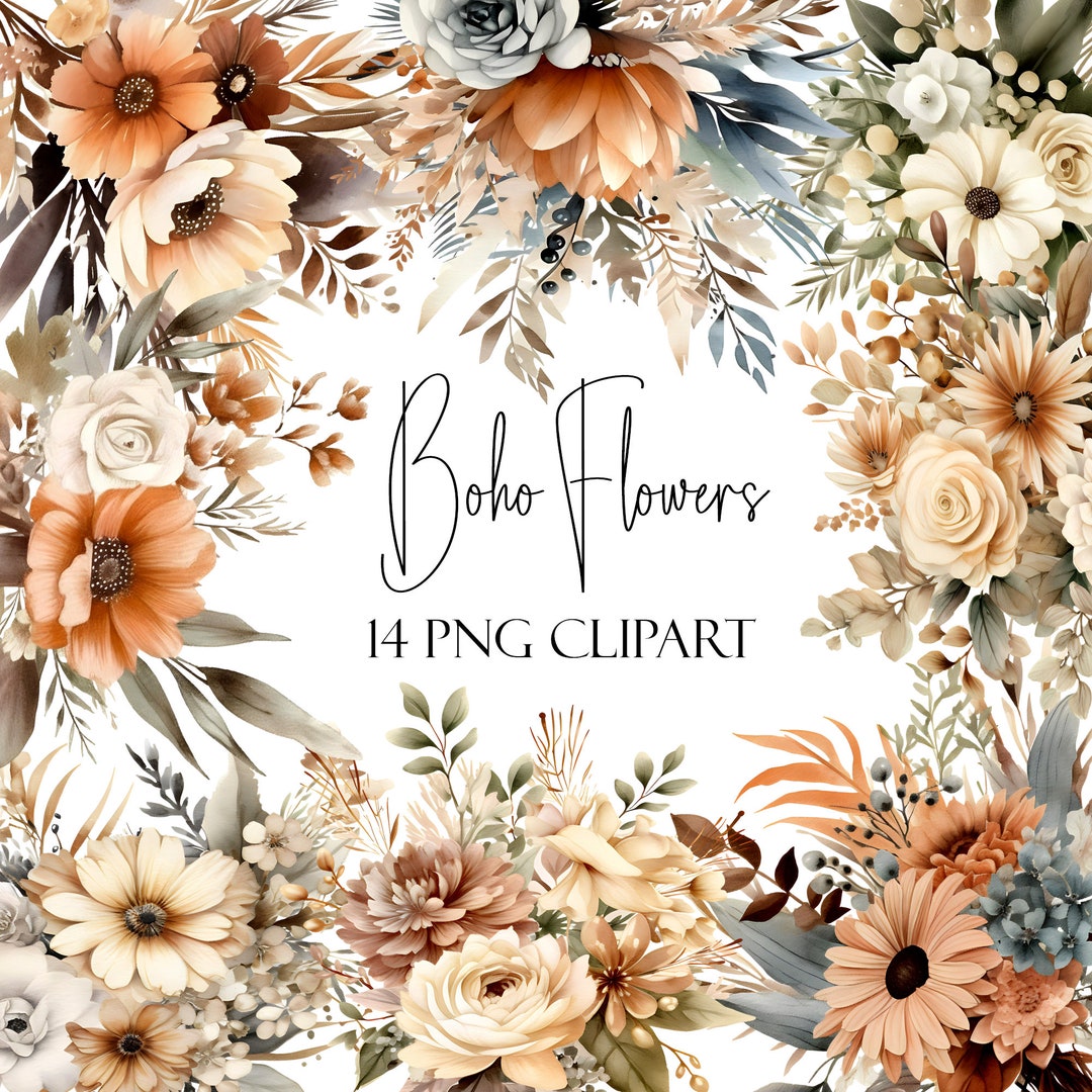 Boho Flower Clipart, Watercolor Fall Floral, PNG Format, Instant ...