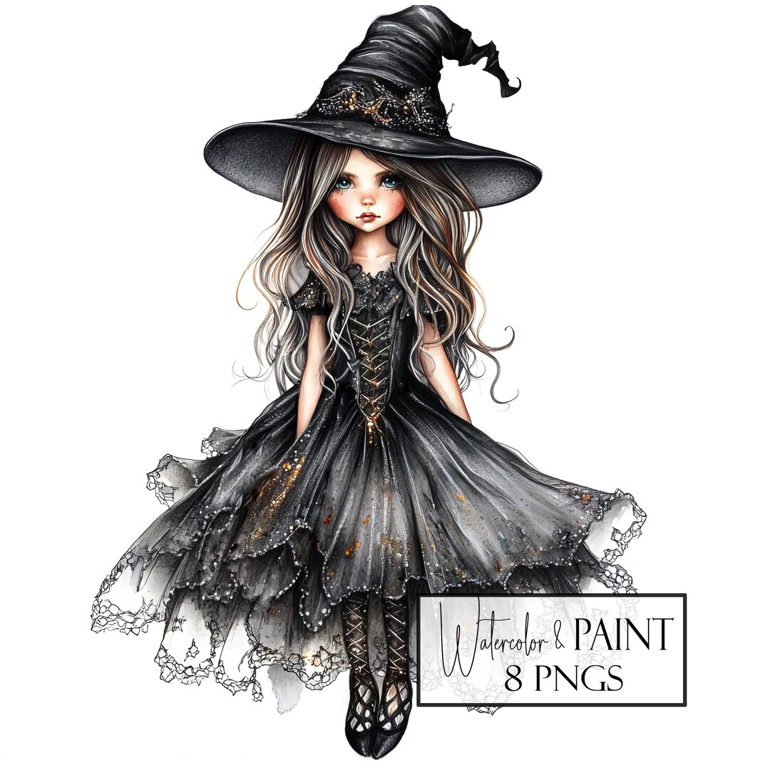 Little Girl Witch Clipart Bundle, 8 PNG Transparent Images, Instant ...