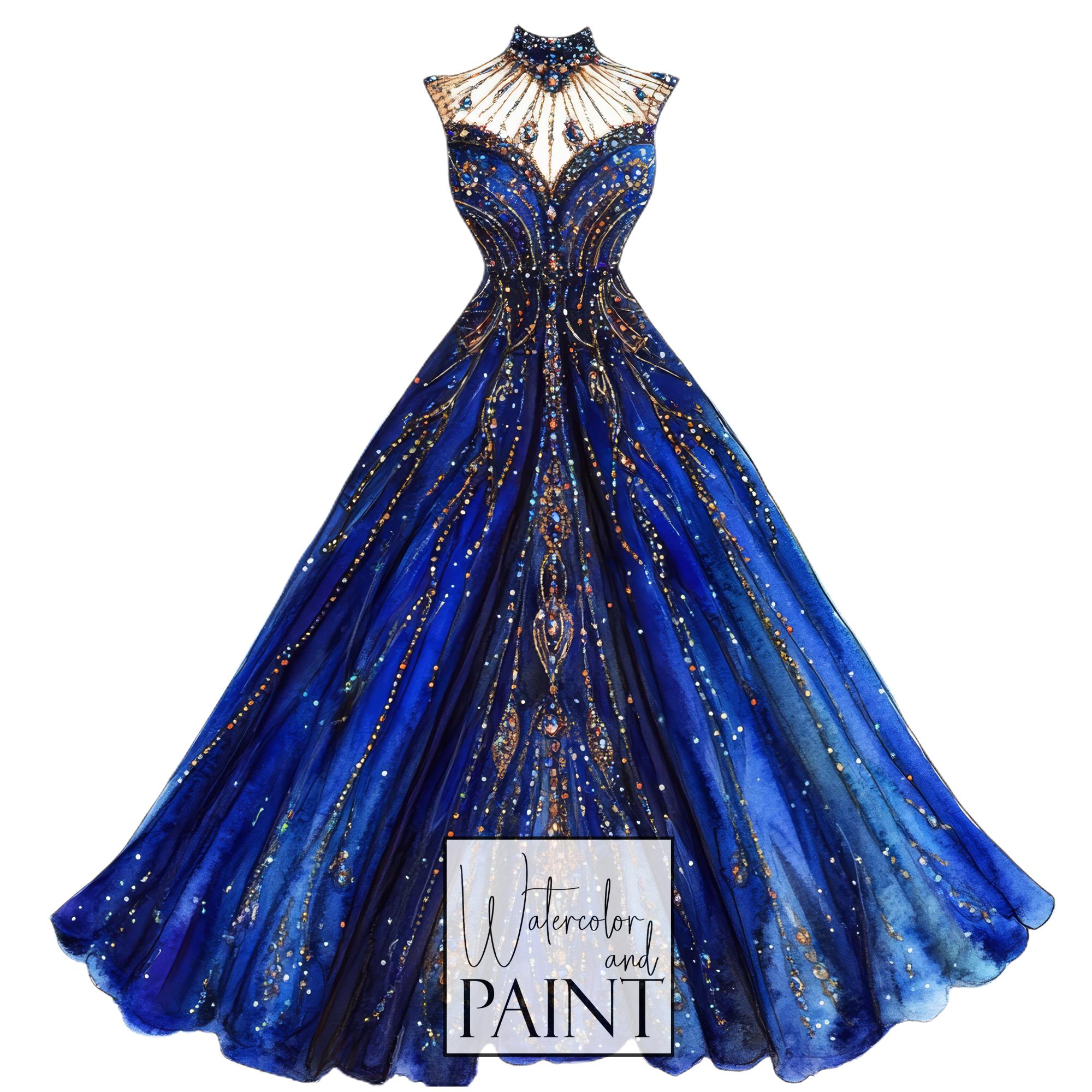 Watercolor Royal Blue Gown Clipart Set: Fashion Dress Graphics (8 Pngs ...