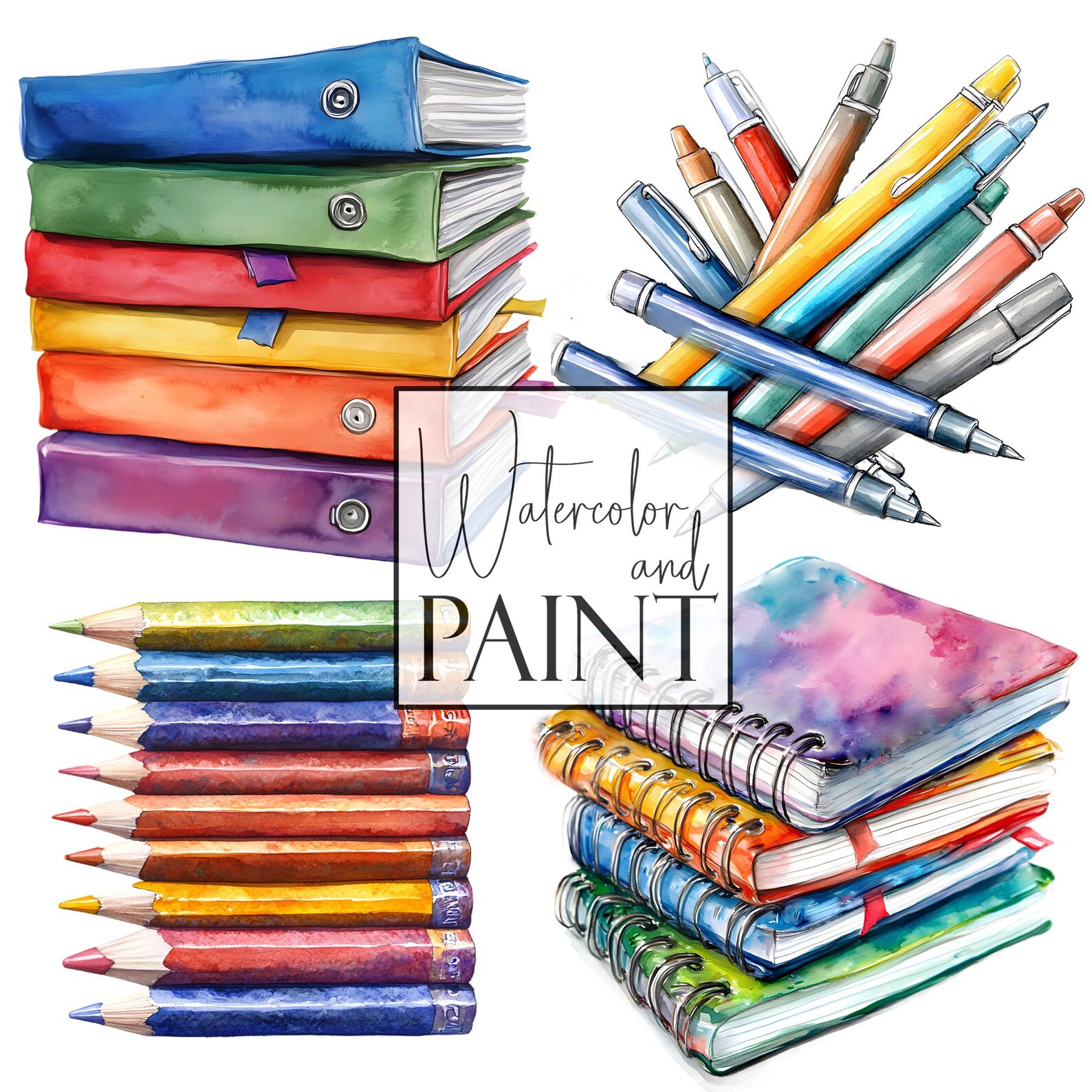 School Supply Clipart, Watercolor Elements, Back to School Graphics, 22 ...