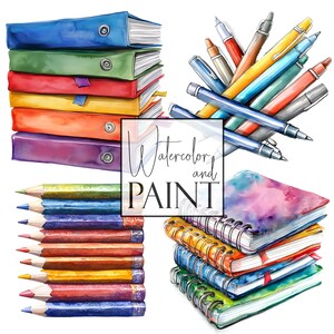 School Supply Clipart, Watercolor Elements, Back to School Graphics, 22 ...