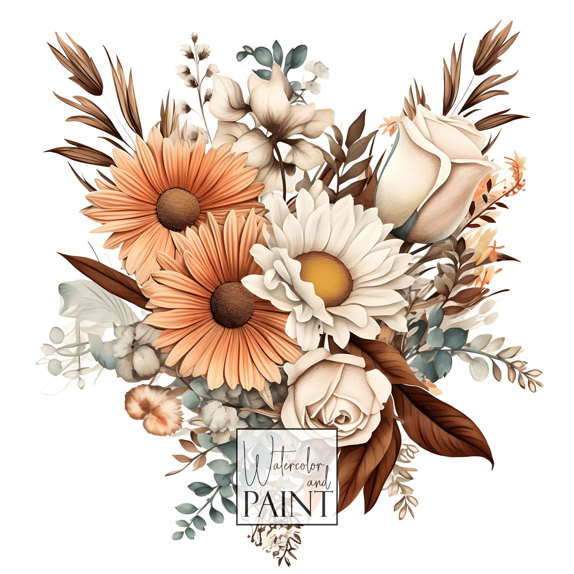 Boho Neutral Floral Clipart, Watercolor Elements, PNG Format, Instant ...