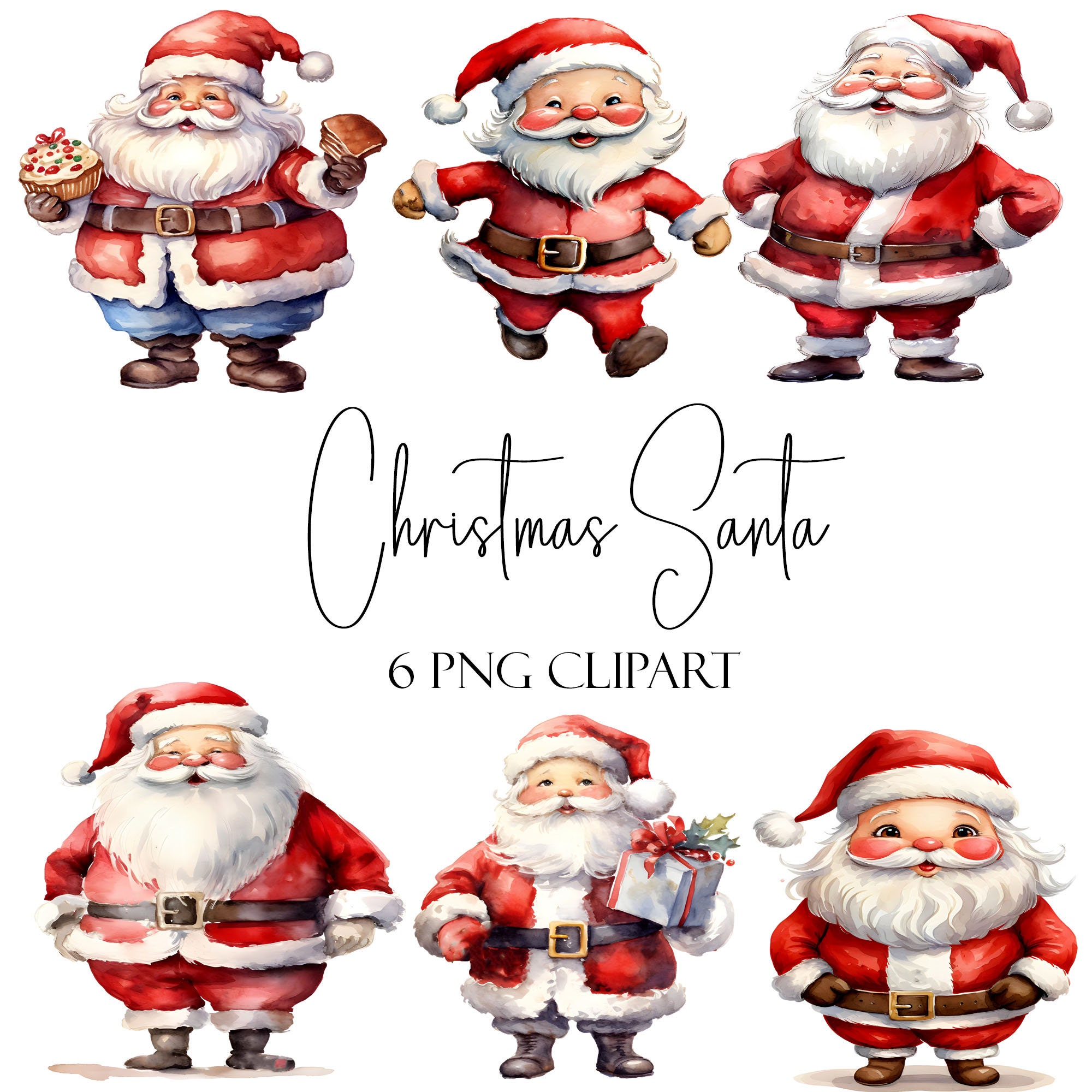 Christmas Santa, Watercolor Clipart, PNG Format, Instant Download ...