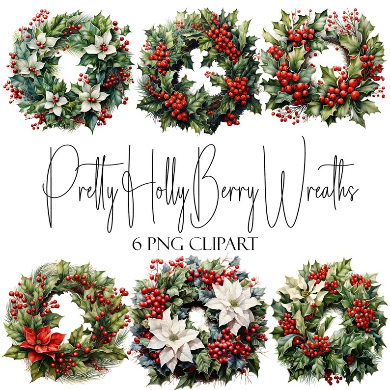 Pretty Holly Berry Wreaths, Watercolor Clipart, PNG Format, Instant ...