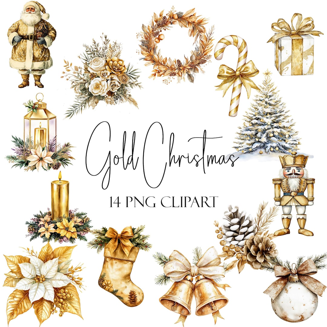 Gold Christmas, Watercolor Clipart, Holiday Elements, 14 Pngs, Instant ...