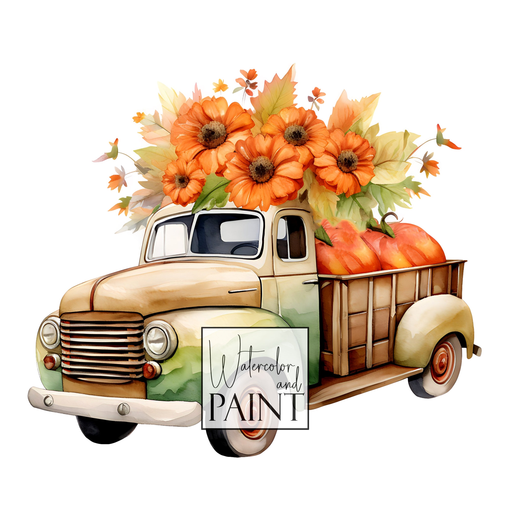 Autumn Vintage Truck Clipart, Fall Watercolor Elements, PNG Format, POD ...