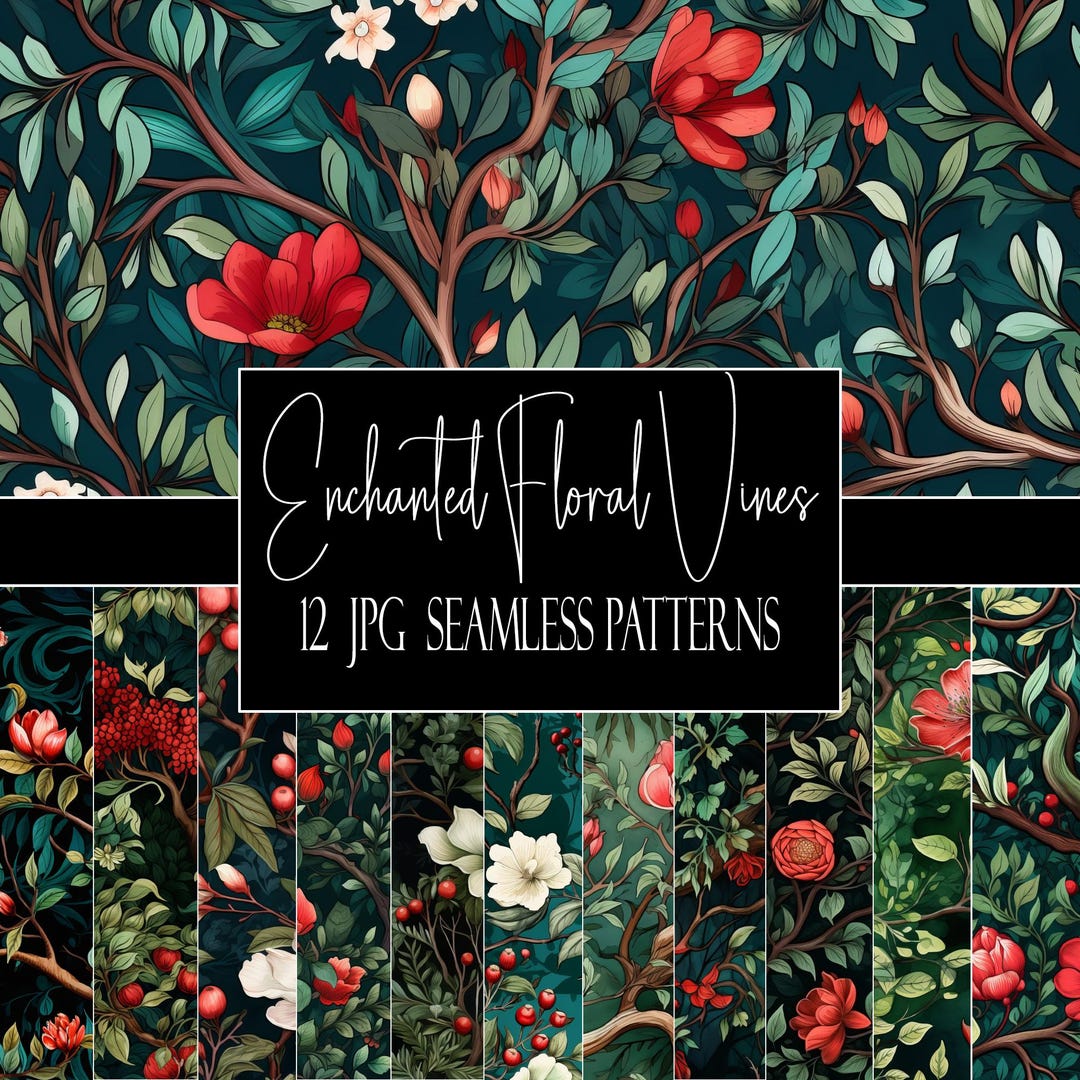 Enchanted Floral Vines, Seamless Patterns, Digital Pattern Set, 12 Jpgs ...