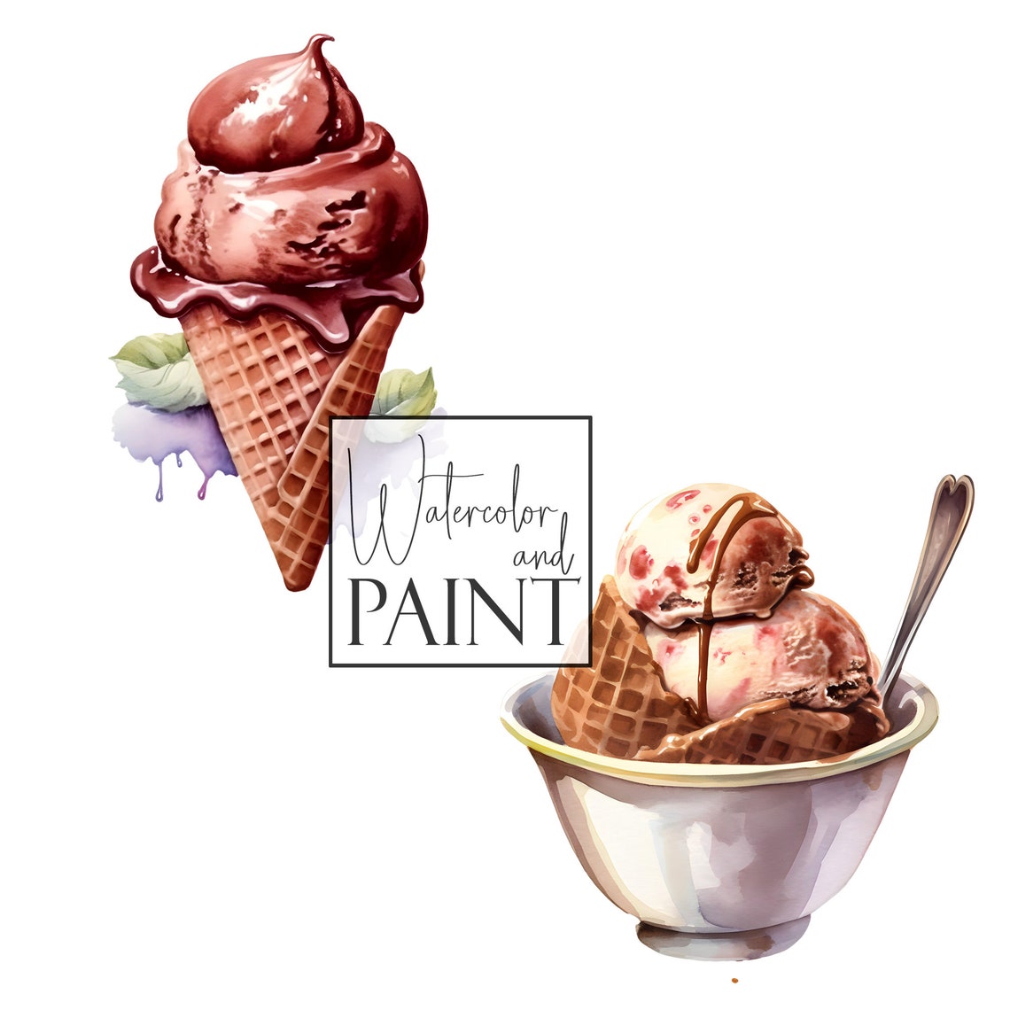Ice Cream Clipart, Sundae Elements, Watercolor Graphics, PNG Format ...