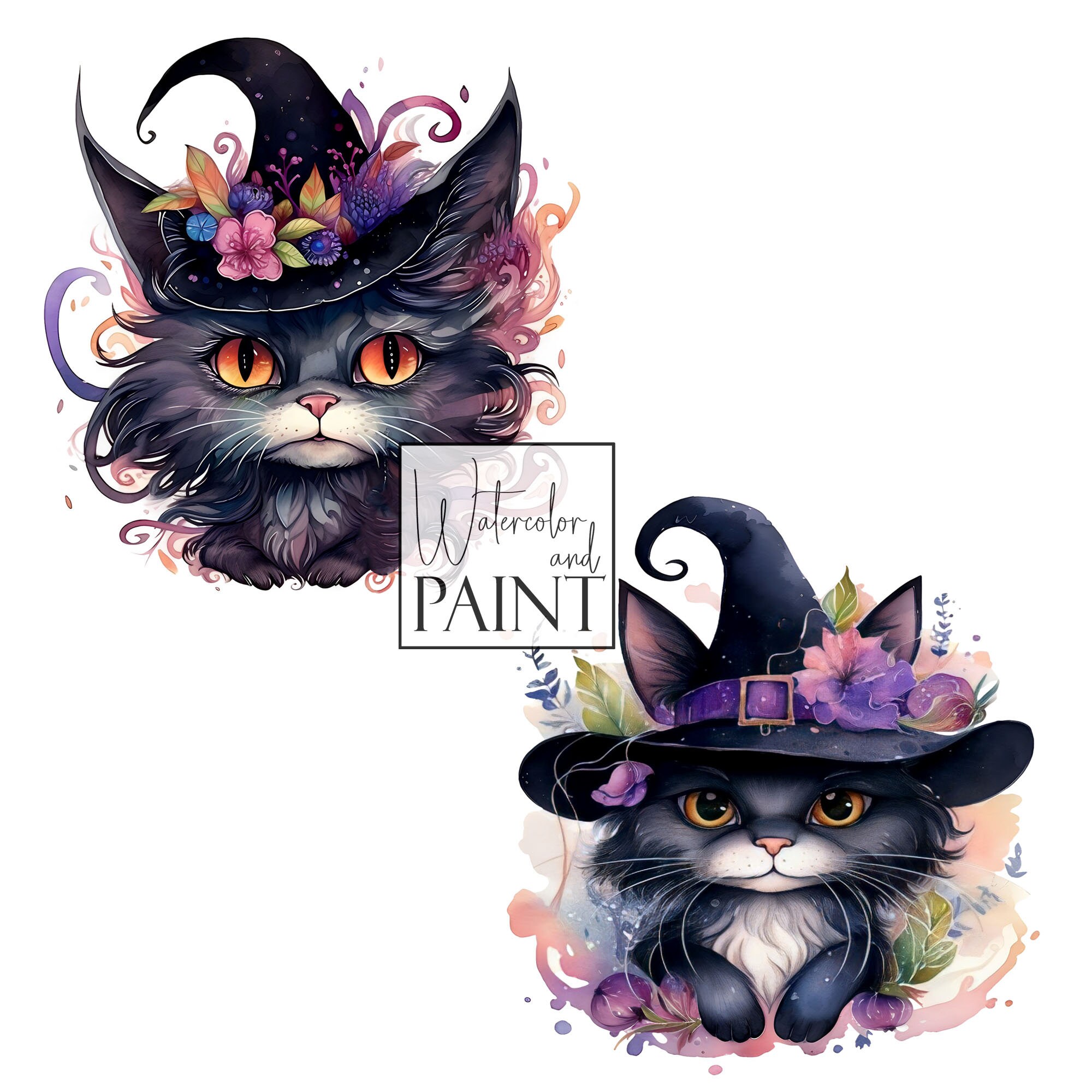 Halloween Cat Clipart, Watercolor Elements, PNG Format, Instant ...