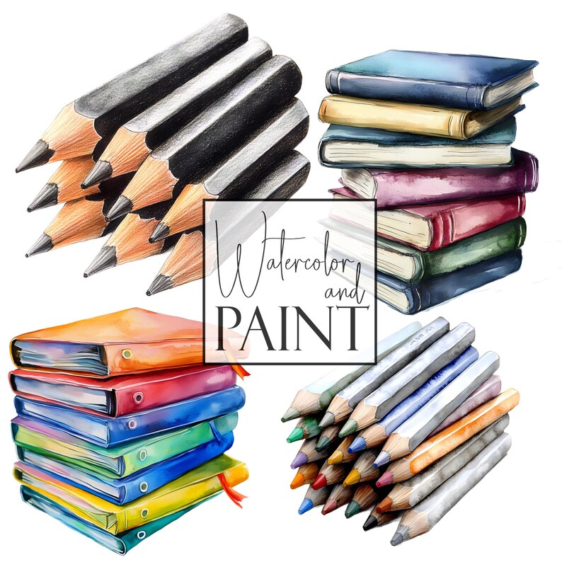 School Supply Clipart, Watercolor Elements, Back to School Graphics, 22 ...