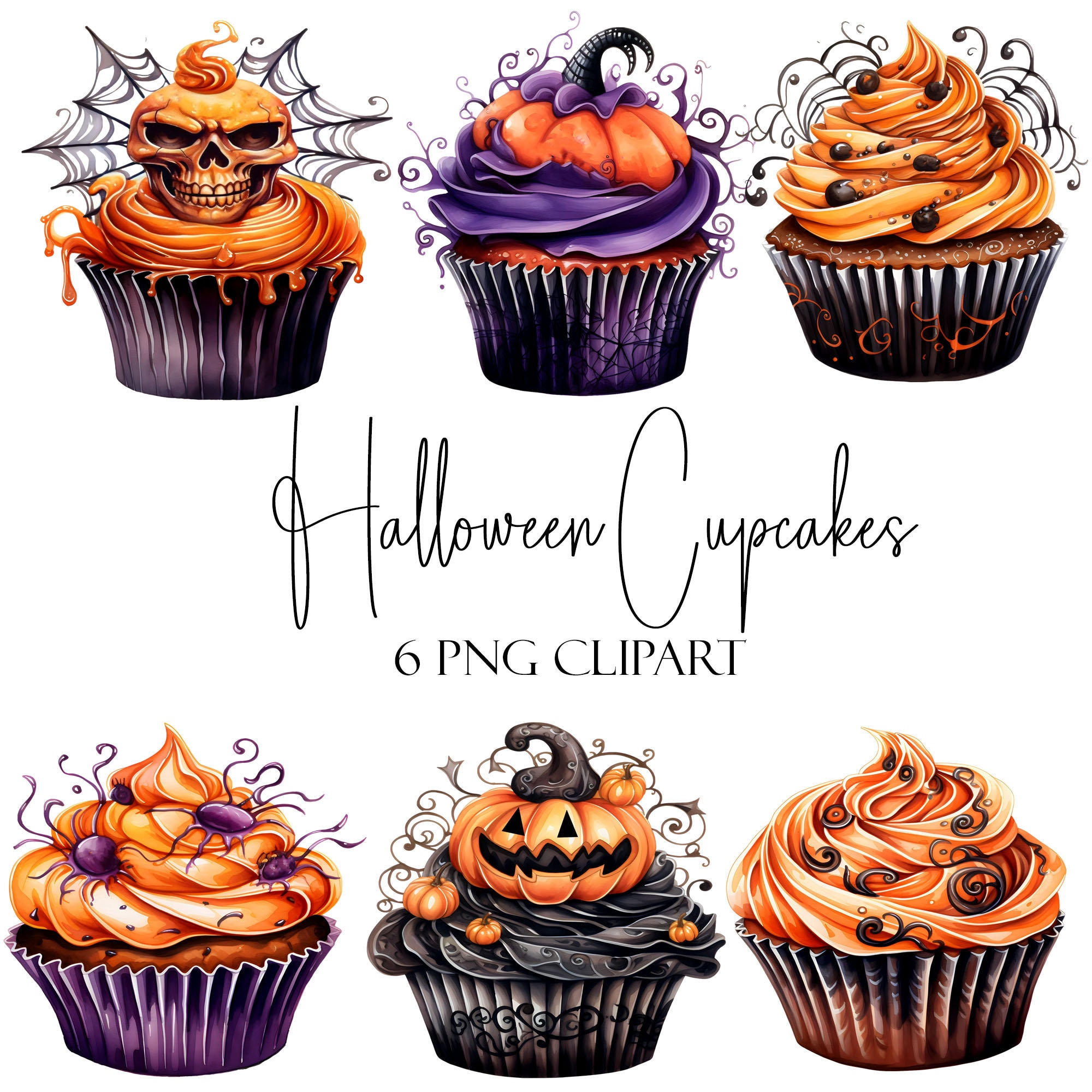 Halloween Cupcakes Clipart, Watercolor Elements, PNG Format, Instant ...