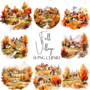 Fall Village Clipart, Watercolor Autumn Elements, PNG Format, Instant ...
