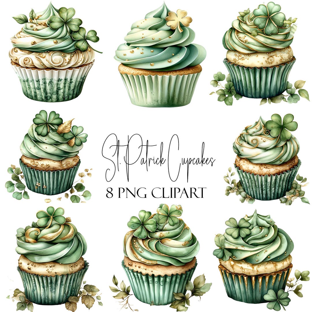 St Patrick Cupcakes, Watercolor Clipart, 8 Pngs, Instant Download ...