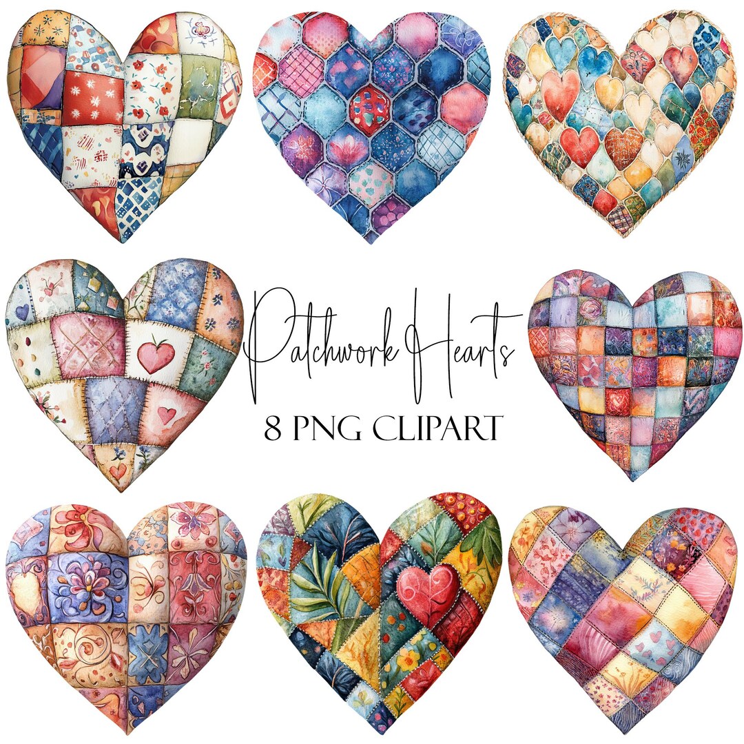 Patchwork Hearts, Watercolor Clipart, 8 Pngs, Instant Download ...